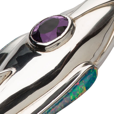 Silver rocket ship pendant with amethyst & opal – museum of robots